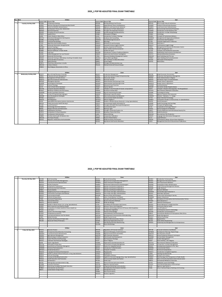2023 1 Pop Readjusted Final Timetable PDF | PDF