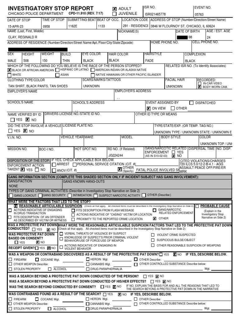 Investigatory Stop Report ISR Reginald Clay PO Ruiz Redacted - Reginald ...