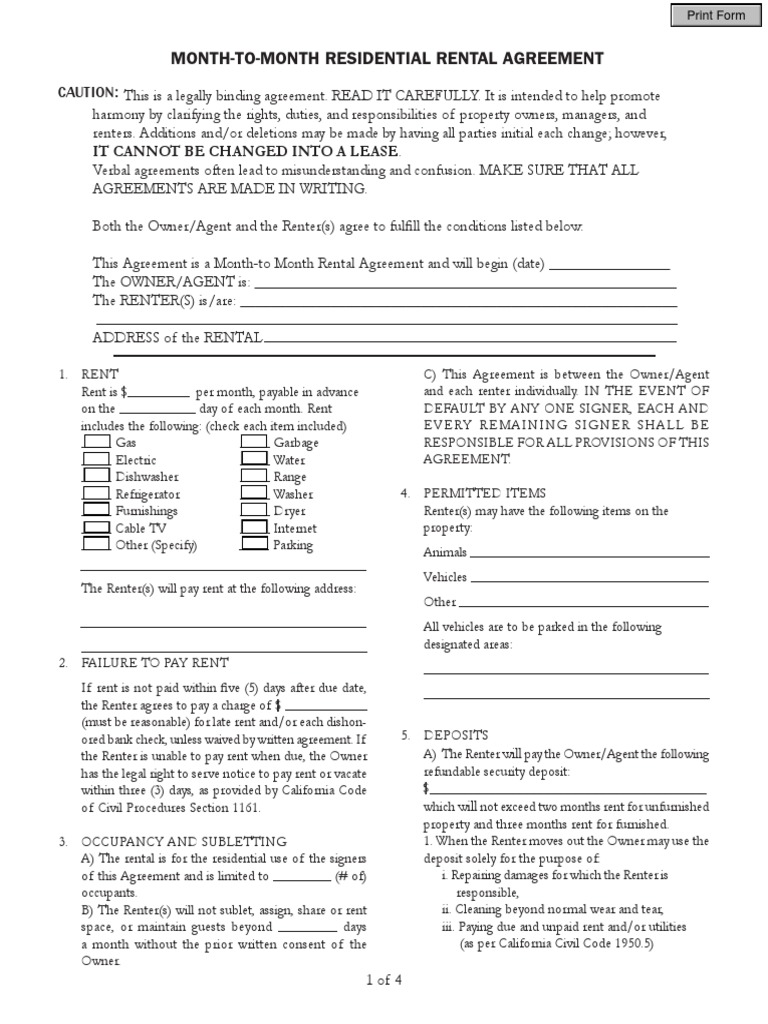 Simple California Month To Month Rental Agreement | PDF Simple California Month To Month Rental Agreement | PDF