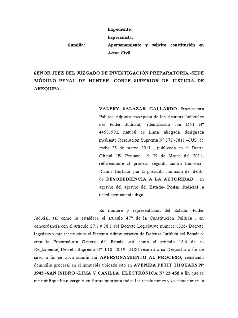 Apersonamiento y Solicito Constitucion de Actor Civil | PDF