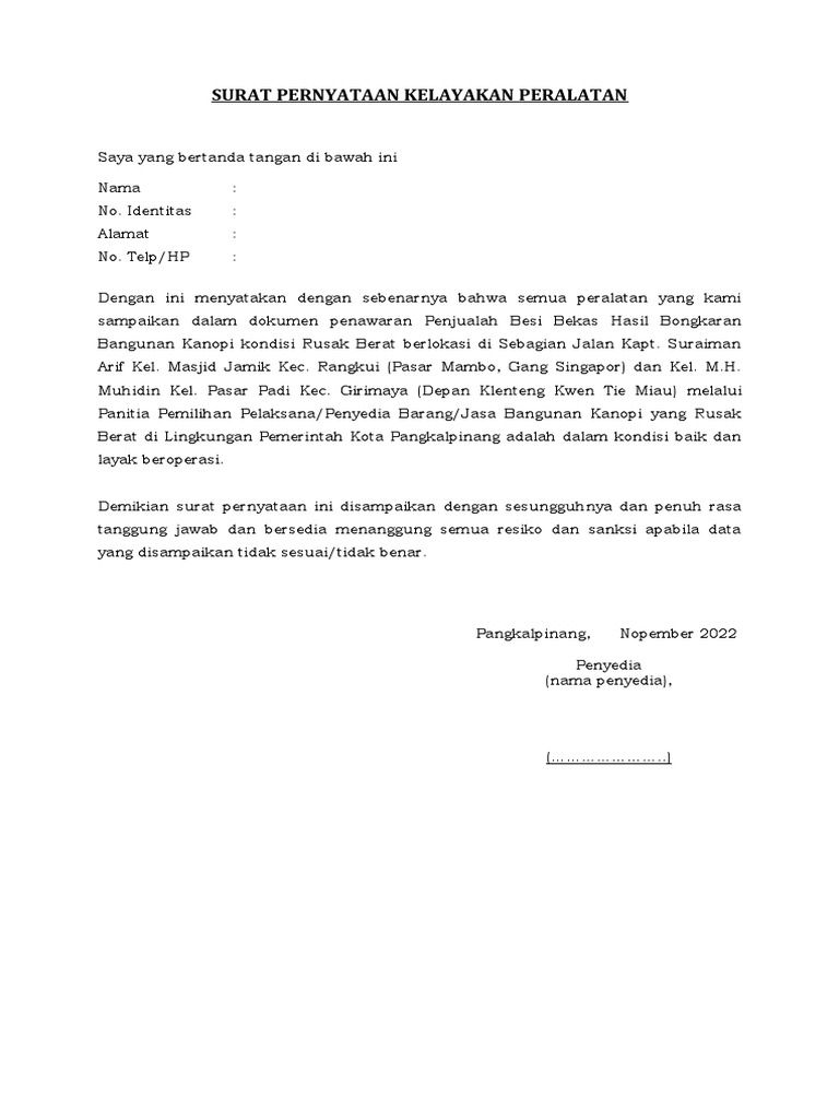 6. Contoh Format Surat Pernyataan Kelayakan Peralatan | PDF