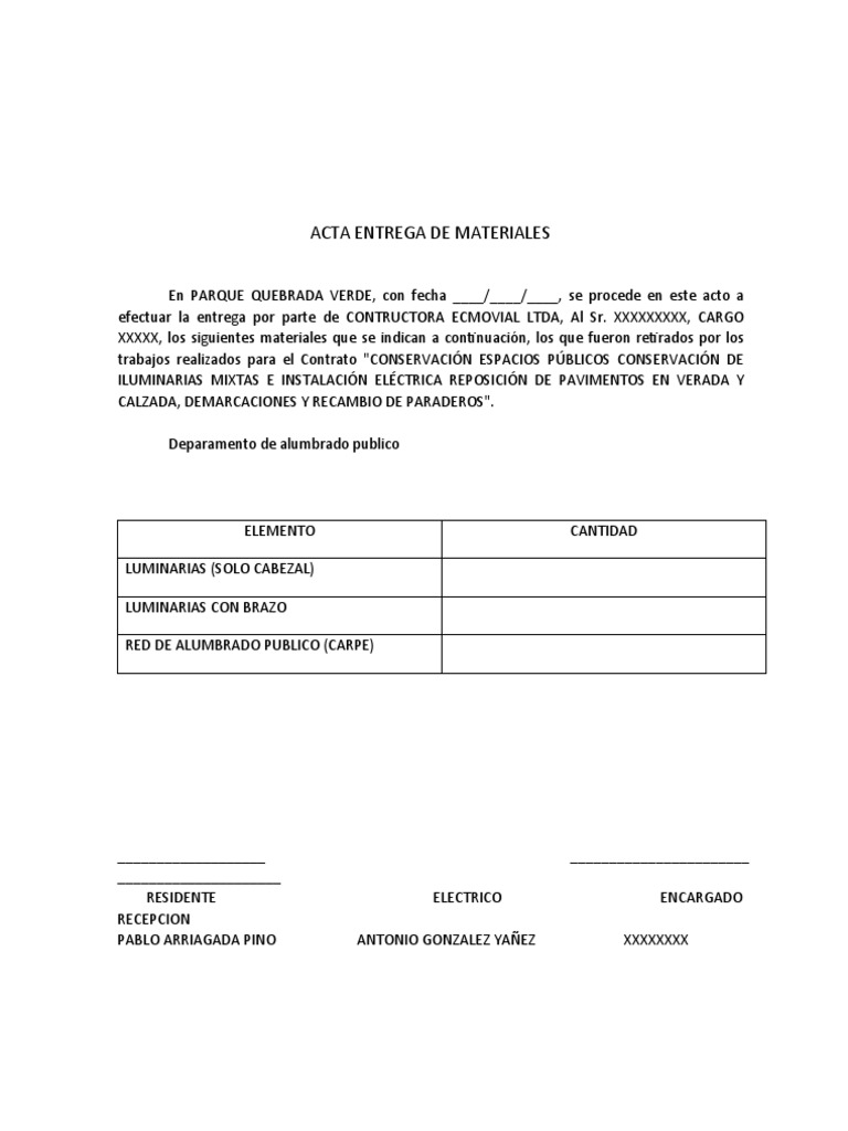 Acta Entrega Materiales Ecmovial | PDF