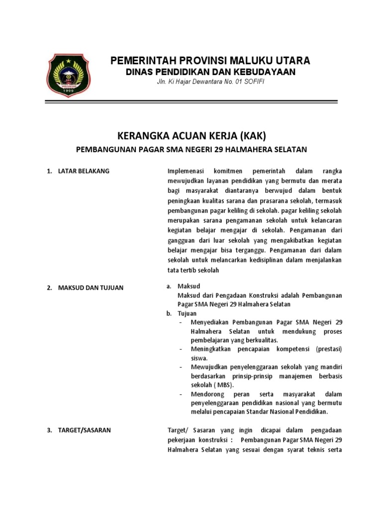 Kerangka Acuan Kerja (Kak) : Pemerintah Provinsi Maluku Utara | PDF