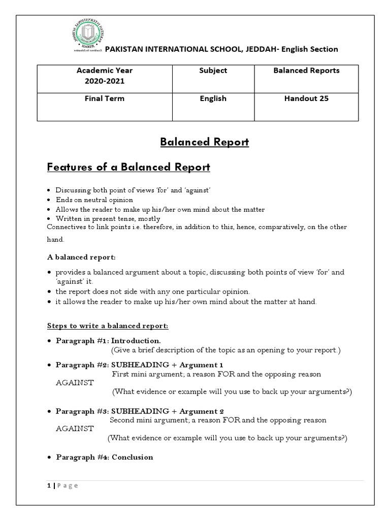 Unit 9 Handout 25 Writing A Balanced Report PDF | PDF