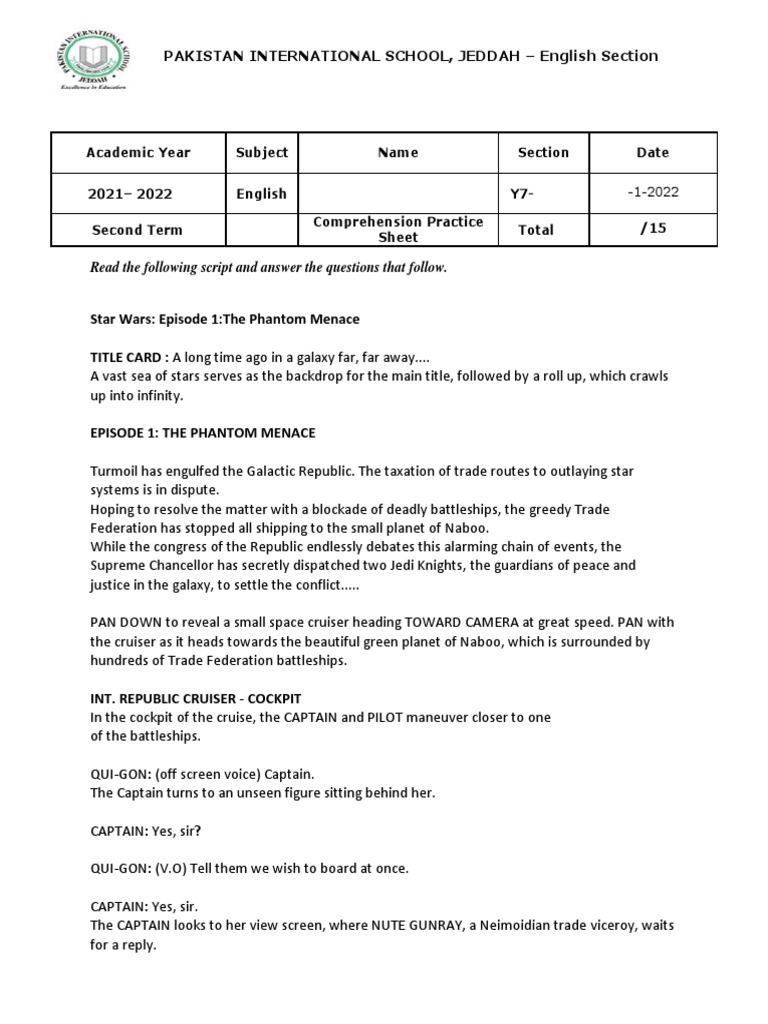 Star Wars Play Script and Questions | PDF | Obi Wan Kenobi | Star Wars