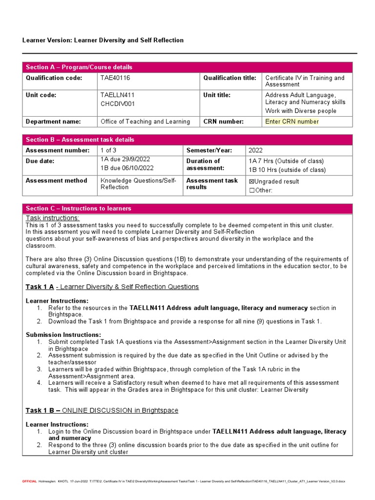 TAE40116 - TAELLN411 - Cluster - AT1 - Learner - Version - V2.0 Revised ...