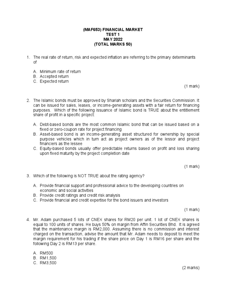 MAF653 Financial Market Quiz 2022 | PDF | Finance & Money Management