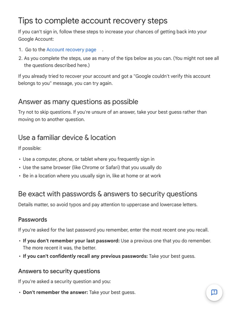 Tips To Complete Account Recovery Steps - Google Account Help | PDF ...