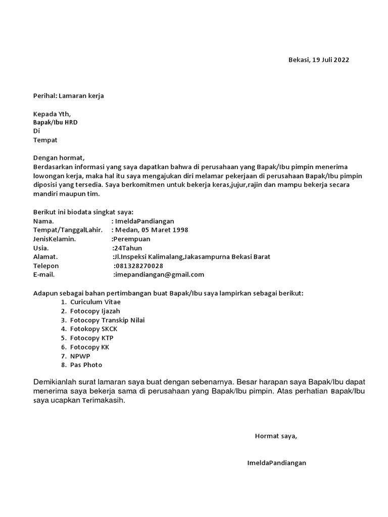 Surat Lamaran Imelda Pandiangan PDF | PDF