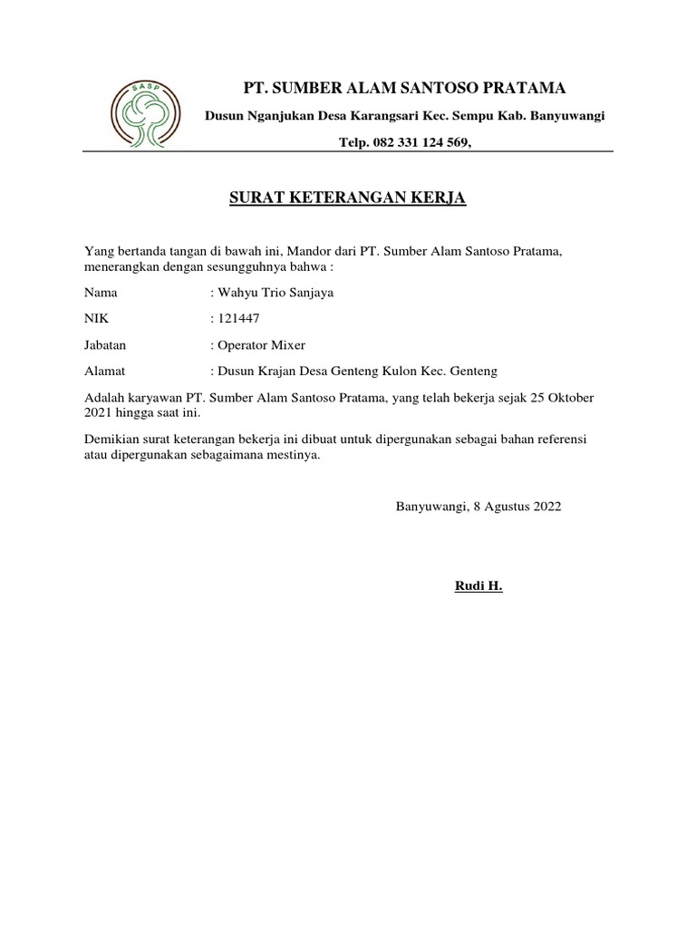 Surat Keterangan Kerja Wahyu Trio Sanjaya PDF | PDF