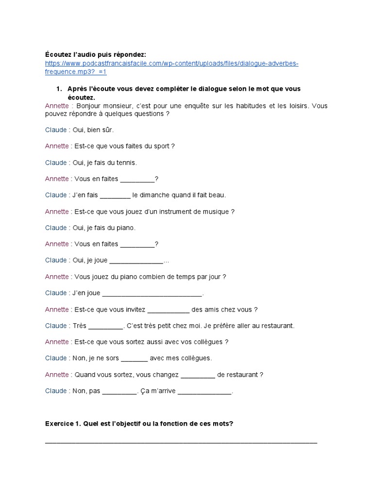Exercices sur les adverbes de fréquence | PDF | Genre grammatical ...