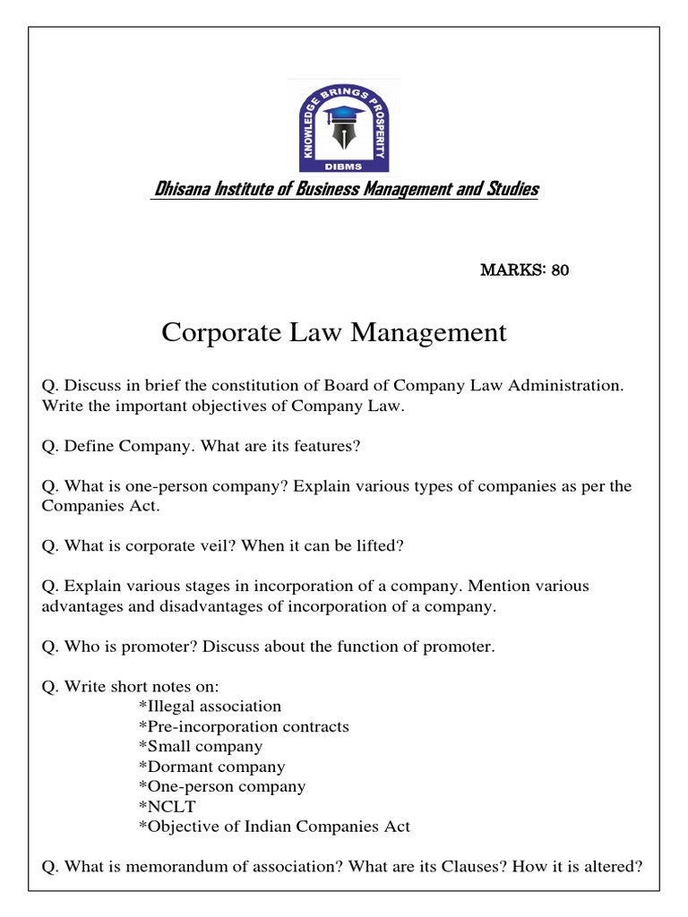 Corporate Law Question Paper PDF | PDF