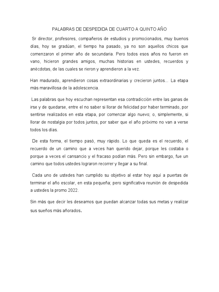Palabras Despedida de Cuarto A Quinto Ac3b1o1 | PDF