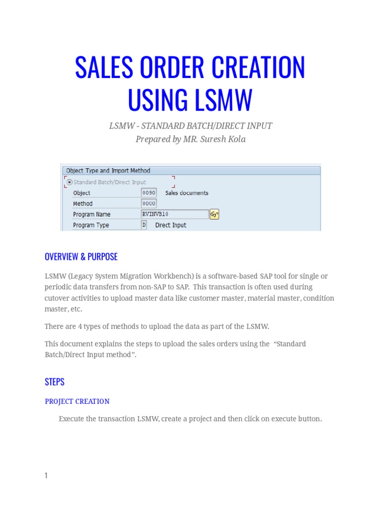 Sales Order Creation Using Lsmw Lsmw Standard Batchdirect Input Prepared By Mr Suresh Kola 0813