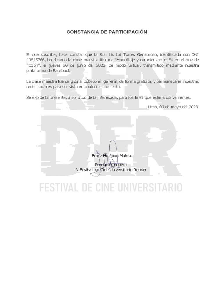 Constancia de Participación Lis Lai PDF | PDF