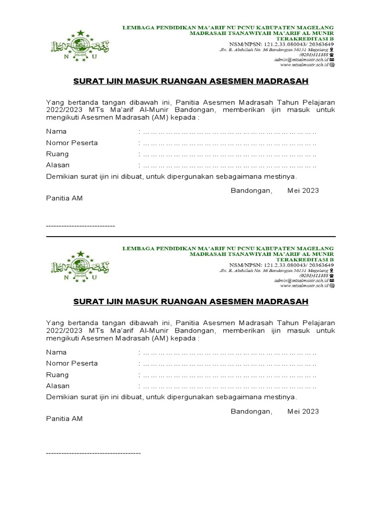 Surat Ijin Masuk Ruangan Ujian | PDF