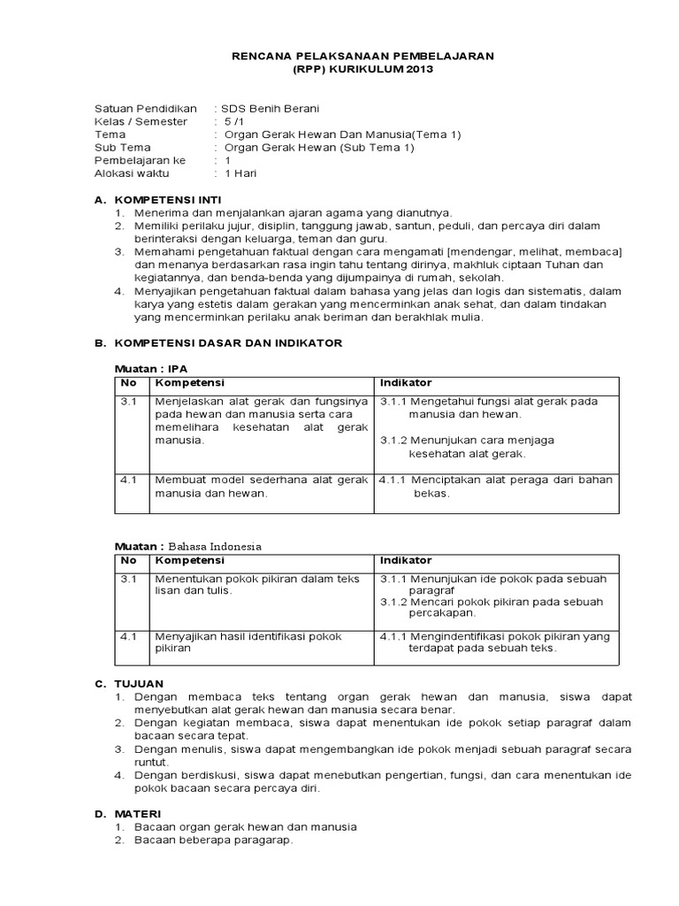 RPP Kelas 5 Tema 1 Subtema 1 Pembelajaran 1 | PDF