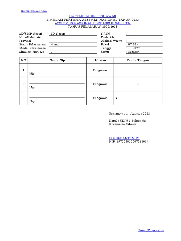 Daftar Hadir Pengawas ANBK | PDF