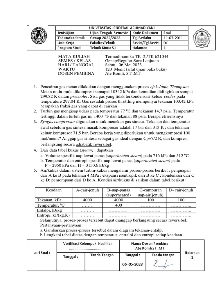 SOAL UTS TERMO 2 Genap 06 Mei 2023 REG SORE Lanjutan PDF | PDF