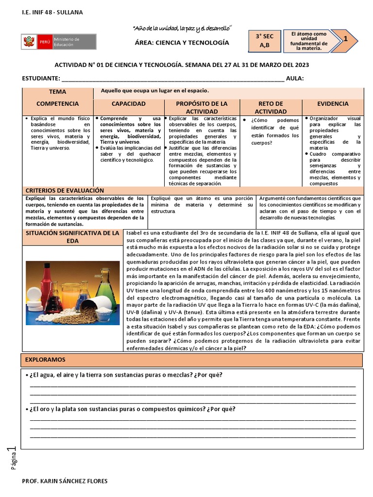 3° SEC. EDA 1 SEMANA 1 CYT EXPLICA 2023 Aquello Que Ocupa Un Lugar en El Espacio PDF | PDF