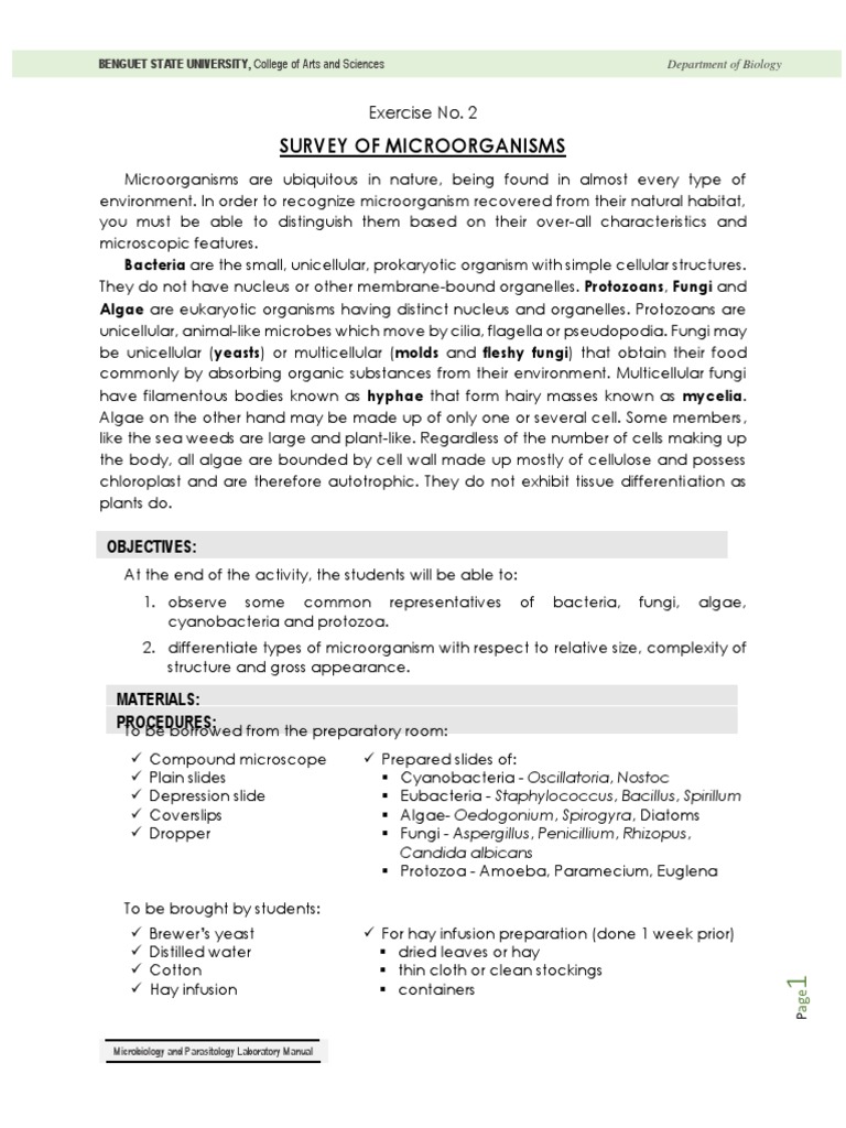 Microbiology Lab Manual: Microorganism Survey | PDF | Microorganism ...