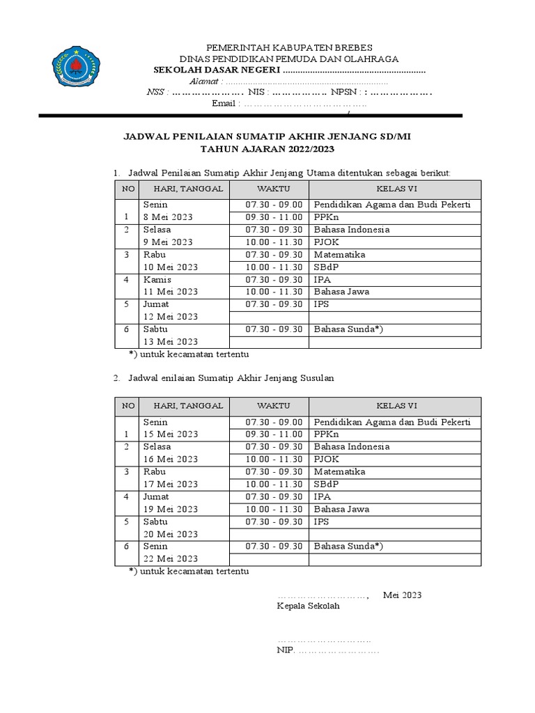 Jadwal Penilaian Sumatif Akhir Jenjang SD 2023 | PDF