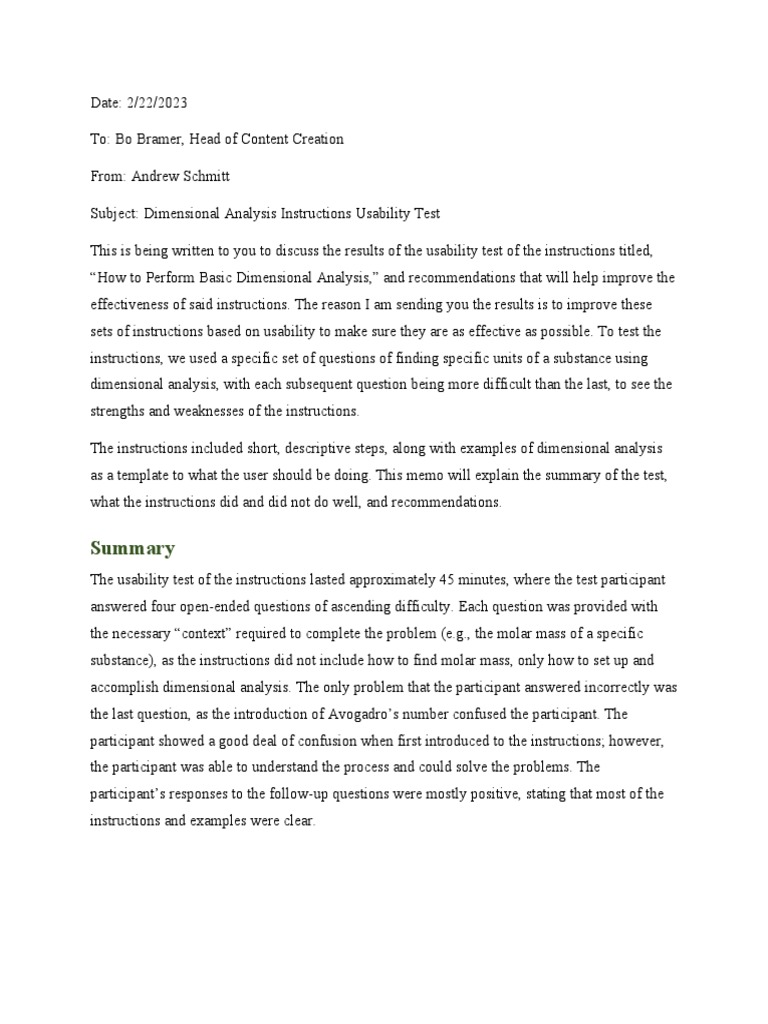 dimensional analysis instructions memo - final edit | PDF | Usability | Cognition