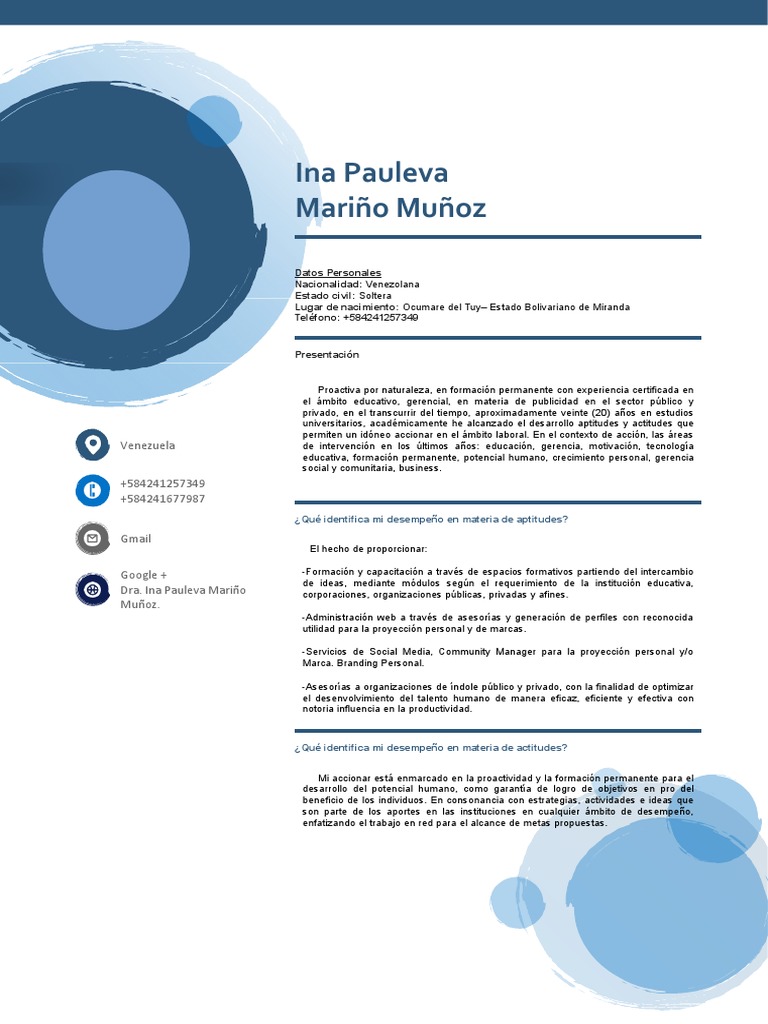 CURRICULUM VITAE Dra Ina Pauleva Mariño Muñoz Act Abril 2023 | PDF | Educación de la primera ...