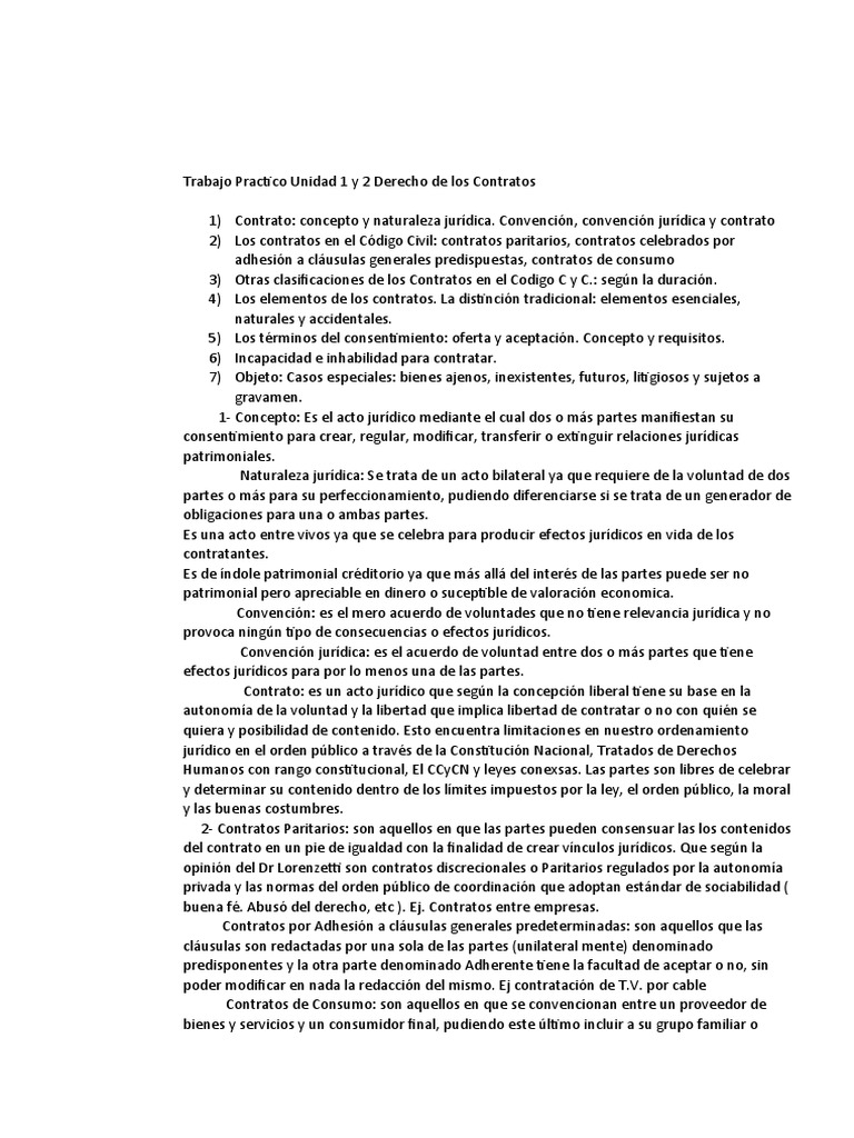 Trabajo Practico Unidad 1 y 2 Derecho de Los Contratos | Descargar ...