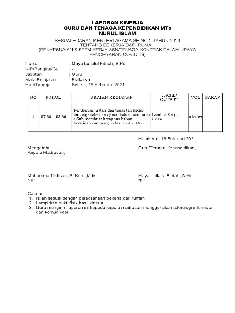 Format Laporan Kinerja Guru Dan Pegawai | PDF