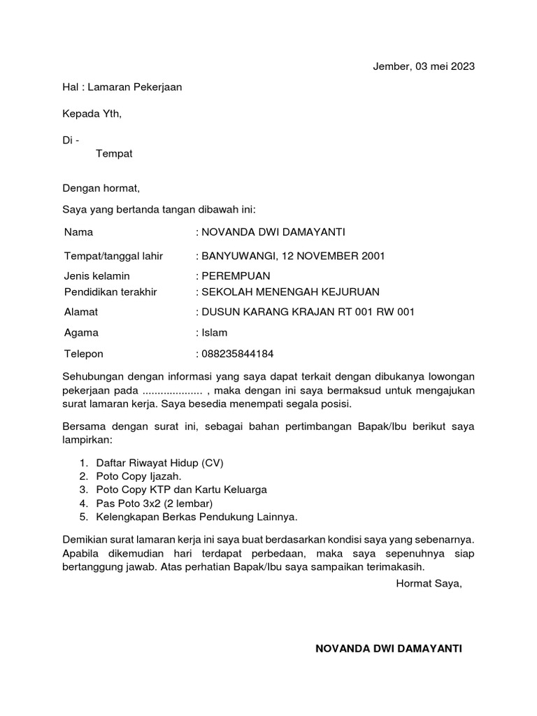 Lamaran Kerja Novanda Dwi Damayanti | PDF