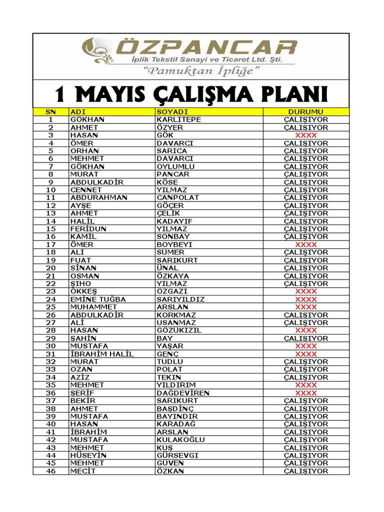 1 MAYIS ÇALIŞMA PLANI.pdf | PDF