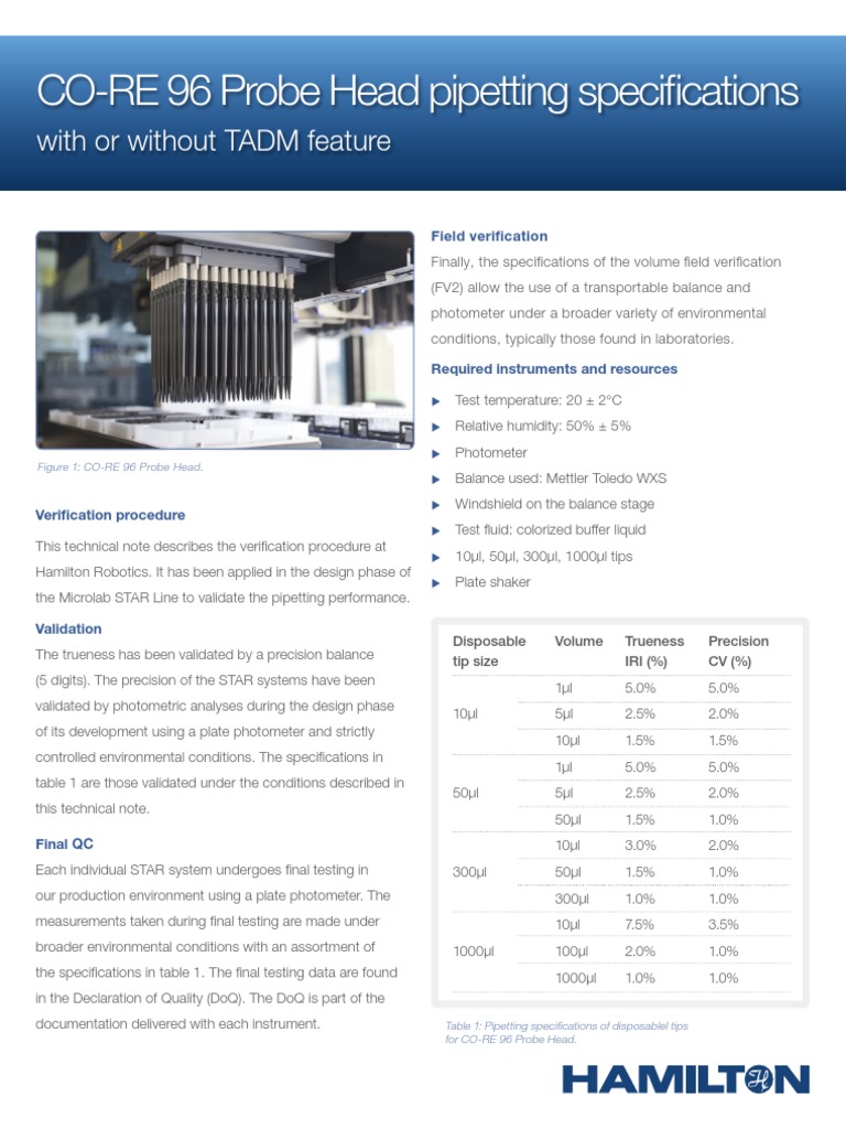 Hamilton Nimbus TN 1405 02 CO RE 96 Probe Head Pipetting Specs V2 | PDF ...