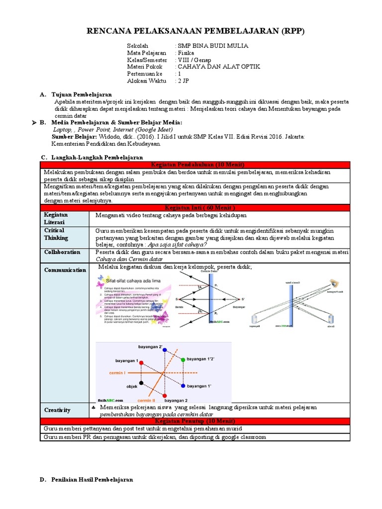 RPP Cahaya Dan Alat Optik | PDF | Karier & Perkembangan | Sains & Matematika