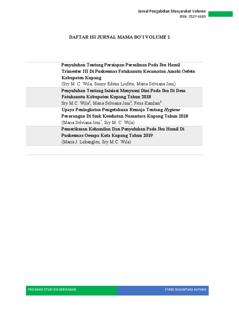 DAFTAR ISI JURNAL PKM MAMA BO'I | PDF