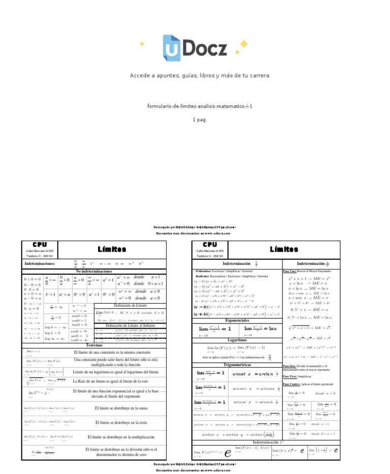 Formulario de Limites Analisis Matematico I 1 21463 Downloable 3077626 ...