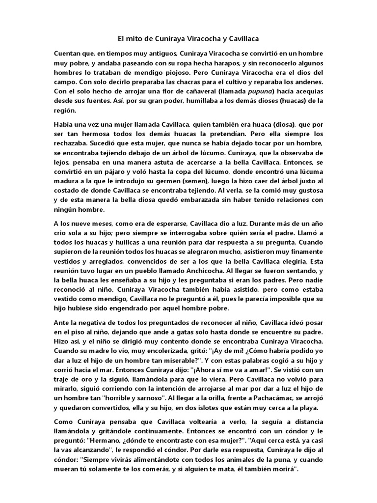 El Mito de Cuniraya Viracocha y Cavillaca PDF | PDF