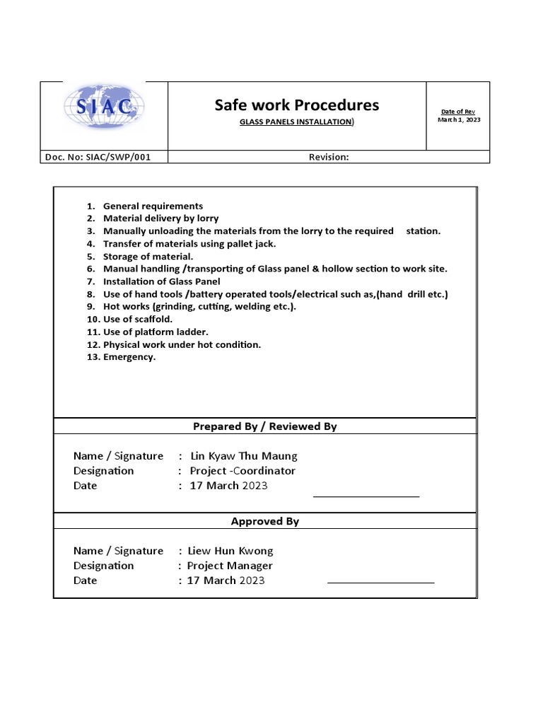 Safe Work Procedures - Installation of Glass Door and Panel | PDF