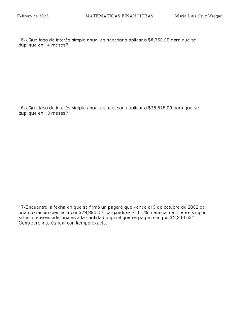 EJ2023 EVIDENCIA 1 (SR) INTERES SIMPLE (1) Problema 15 Al 21 | PDF