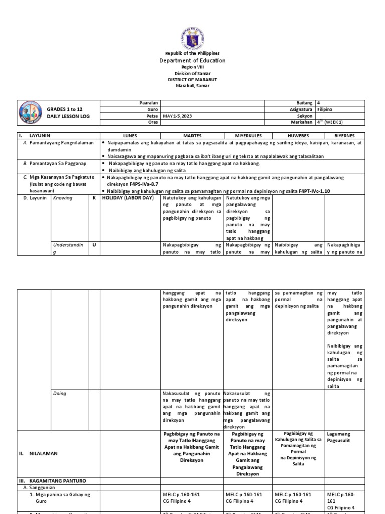 4TH QUARTER-DLL FILIPINO 4-WEEK 1.docx | PDF