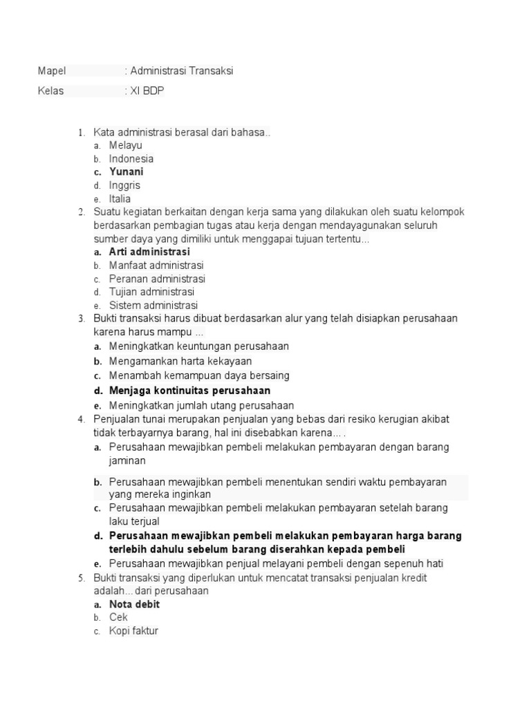 Soal Adm Transaksi Xi BDP | PDF