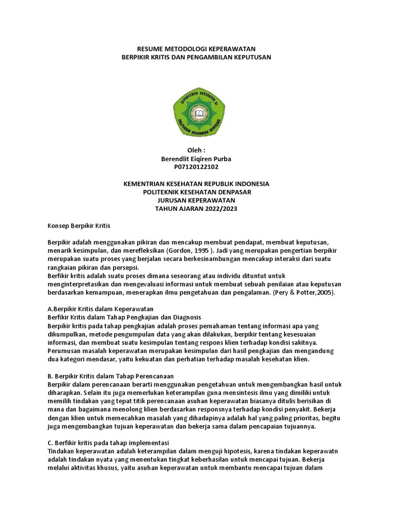 Metodologi Berpikir Kritis Keperawatan | PDF | Karier & Perkembangan ...