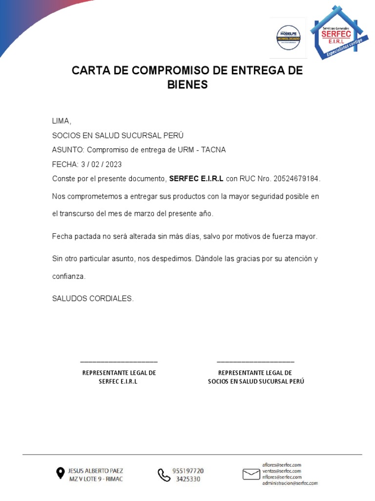 Carta de Compromiso de Entrega de Bienes | PDF