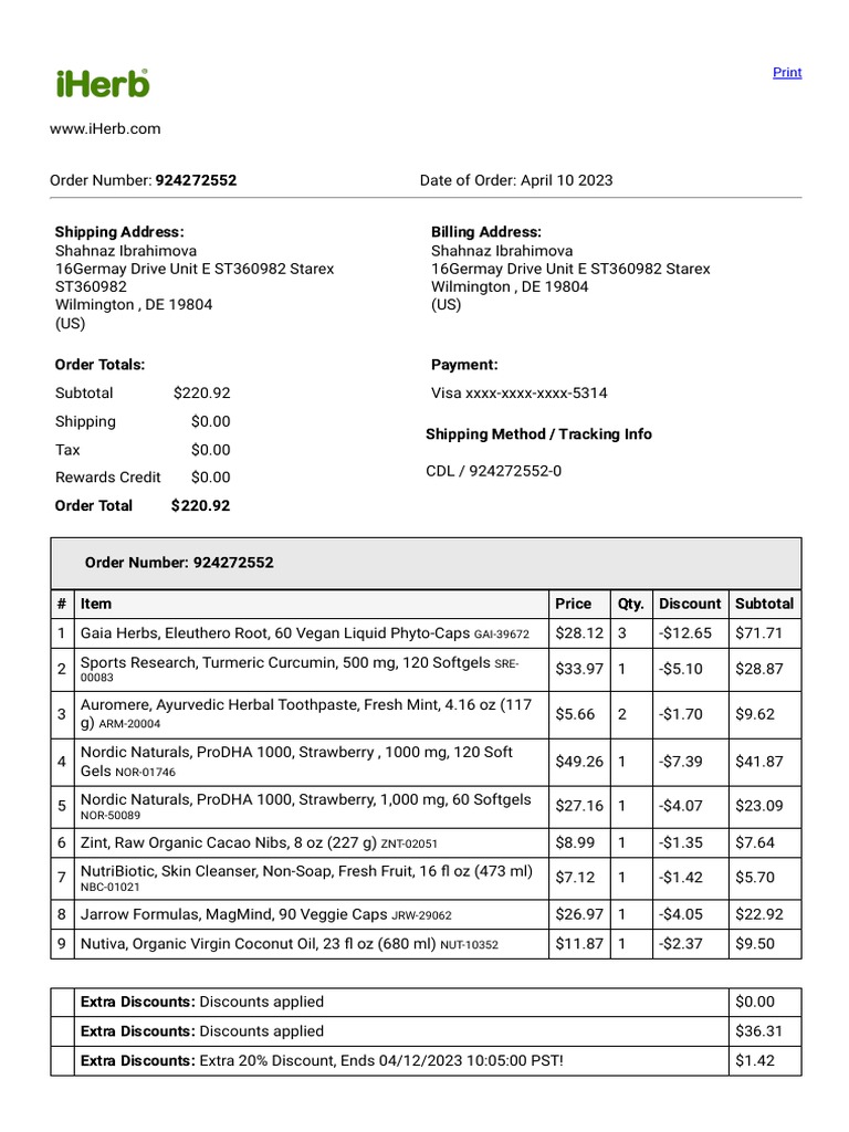 Iherb Document PDF | PDF | Food And Drink
