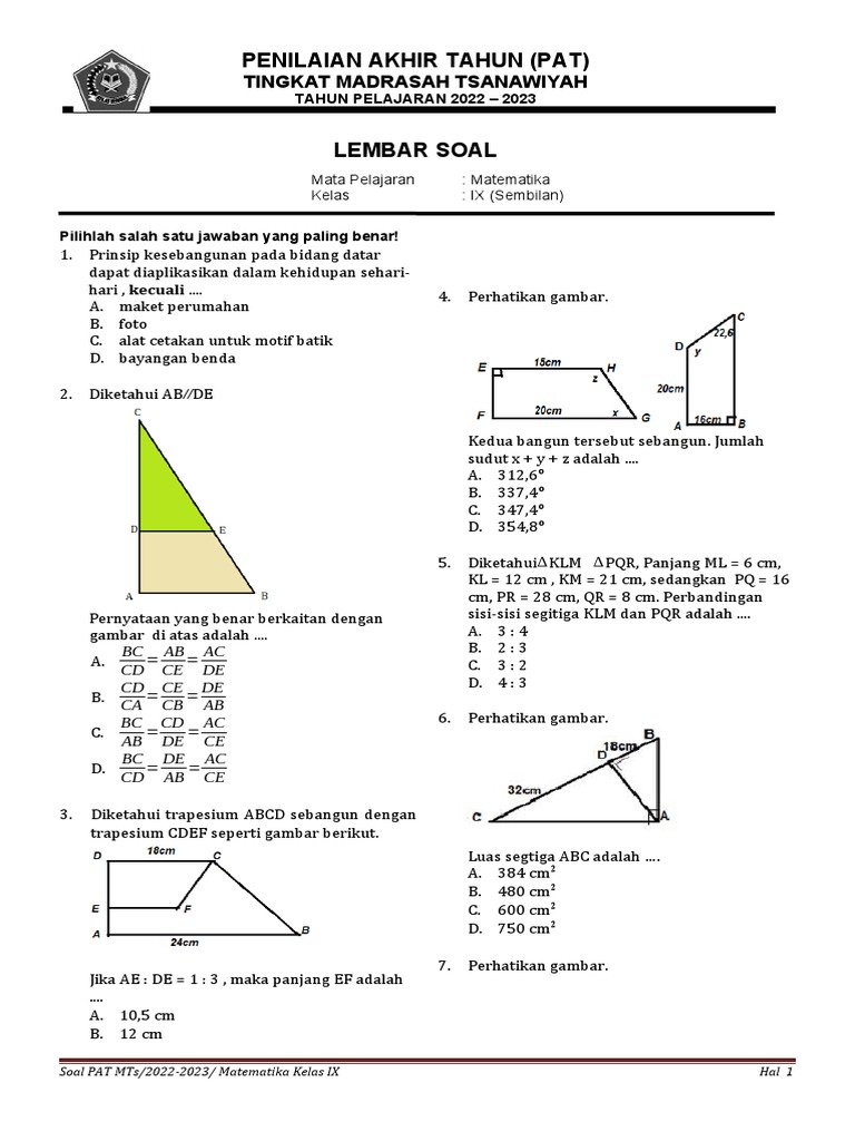 Soal Pat Matematika Kelas 9 Tapel 2022-2023 | PDF