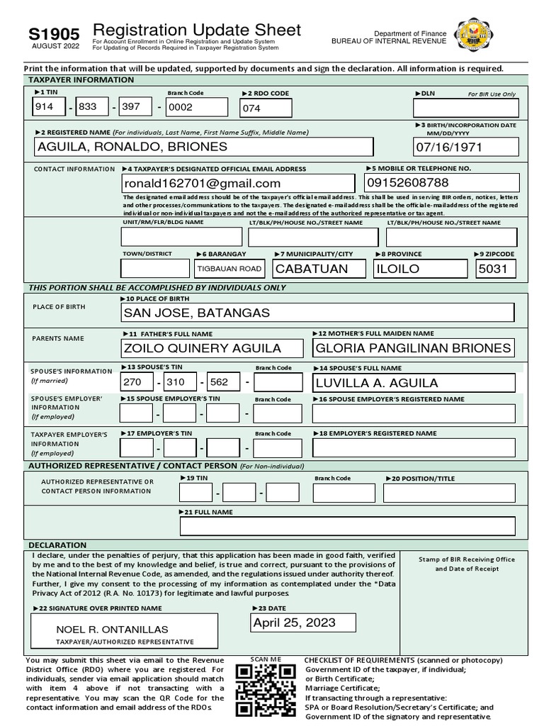 BIR S1905 - Registration Update Sheet PDF | PDF | Government