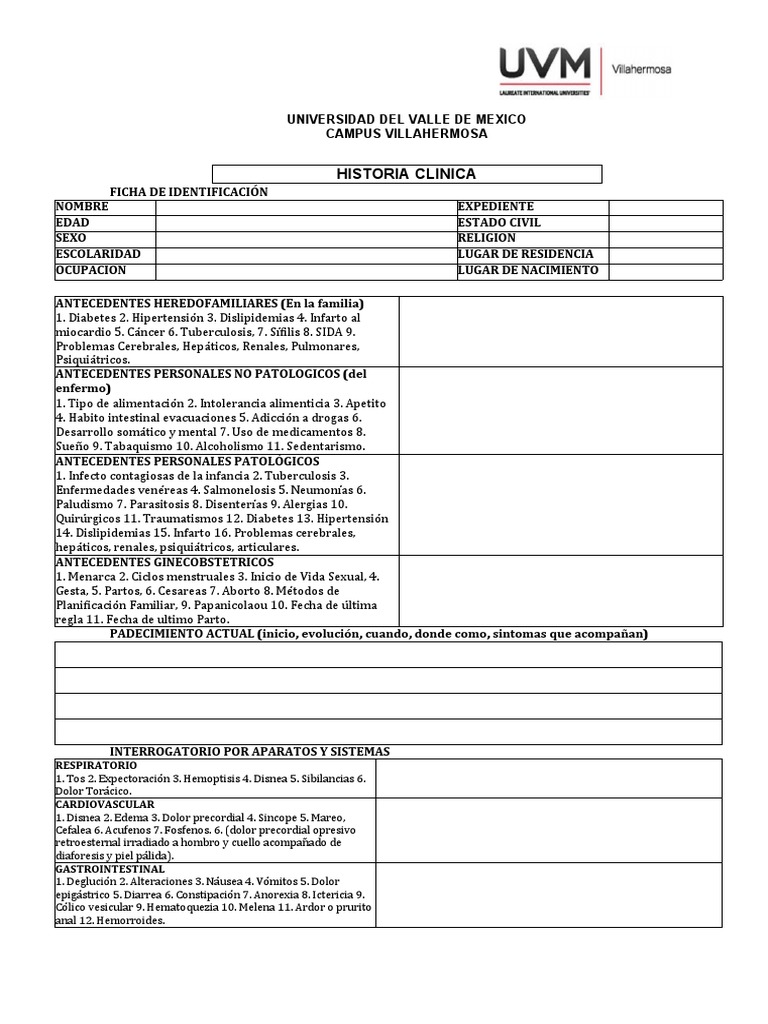 43F HISTORIA CLINICA UVM Formato | PDF