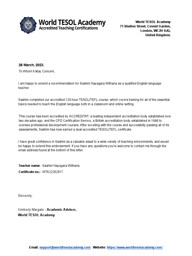 Sashini Nayagara Withana - Reference Letter - WTA PDF | PDF