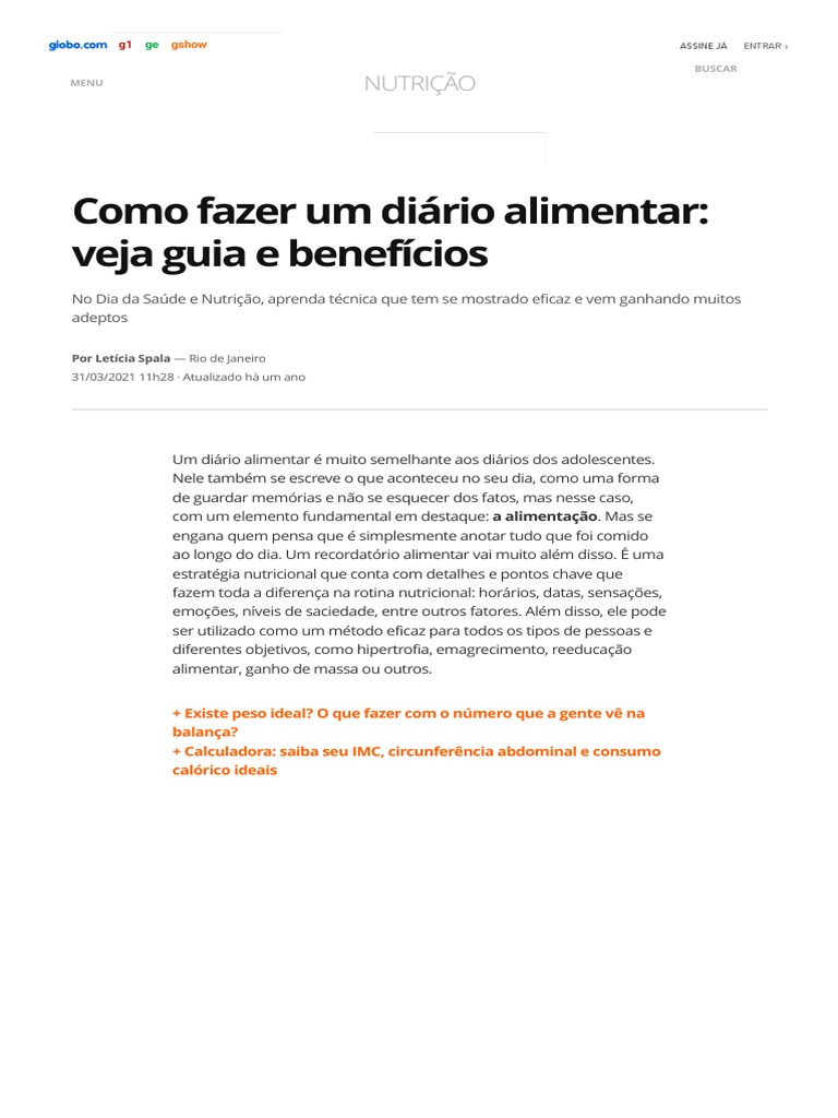 Como Fazer Um Diário Alimentar - Veja Guia e Benefícios - Nutrição - Ge ...