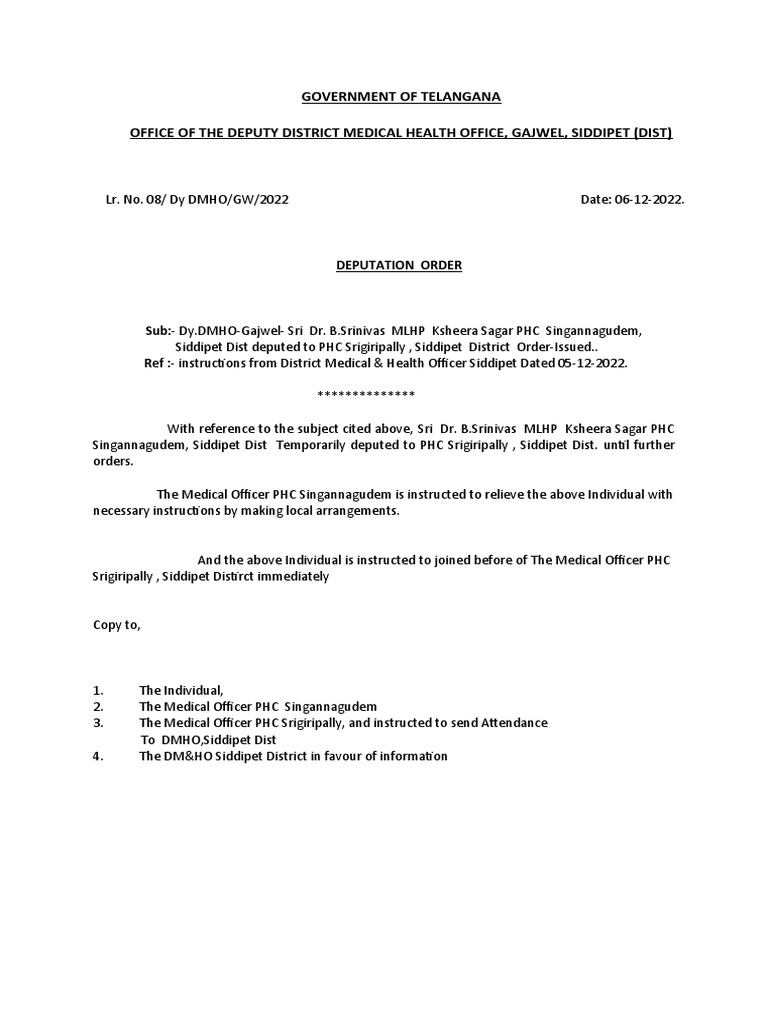 Deputation Order for Dr. B. Srinivas | PDF | Business